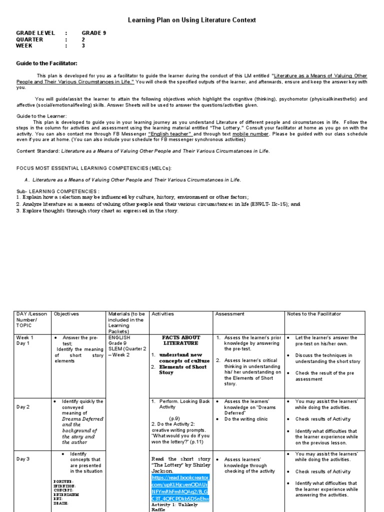 Learning Plan On Using Literature Context: Grade Level: Grade 9 Quarter ...