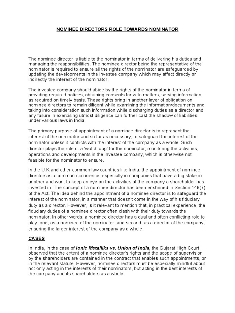 Nominee Directors Role Towards Nominator | PDF | Fiduciary | Board Of ...
