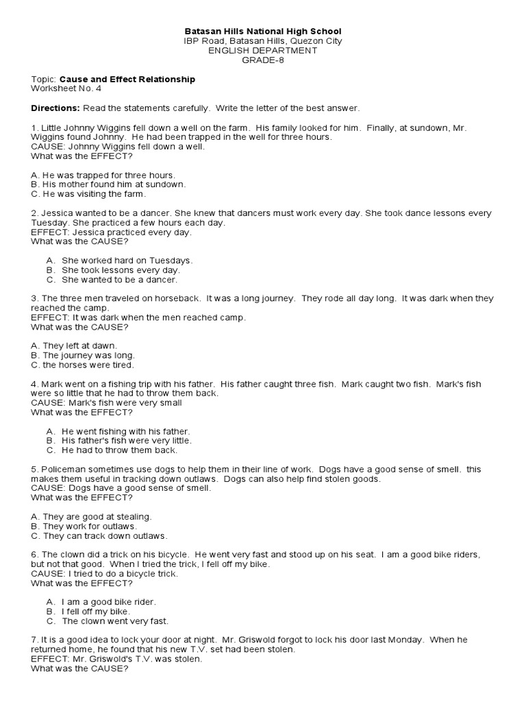 Grade 8 Worksheet No. 4 Cause and Effect Relationship | PDF