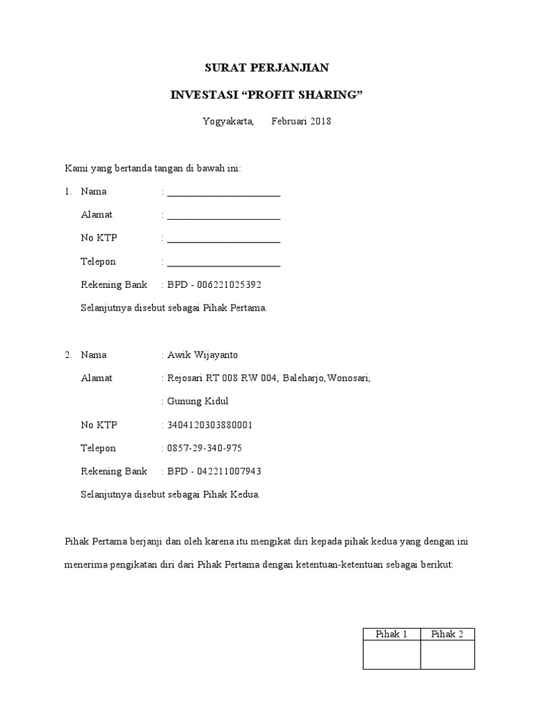 Surat Perjanjian Profit Sharing | PDF | Pengelolaan Keuangan & Uang