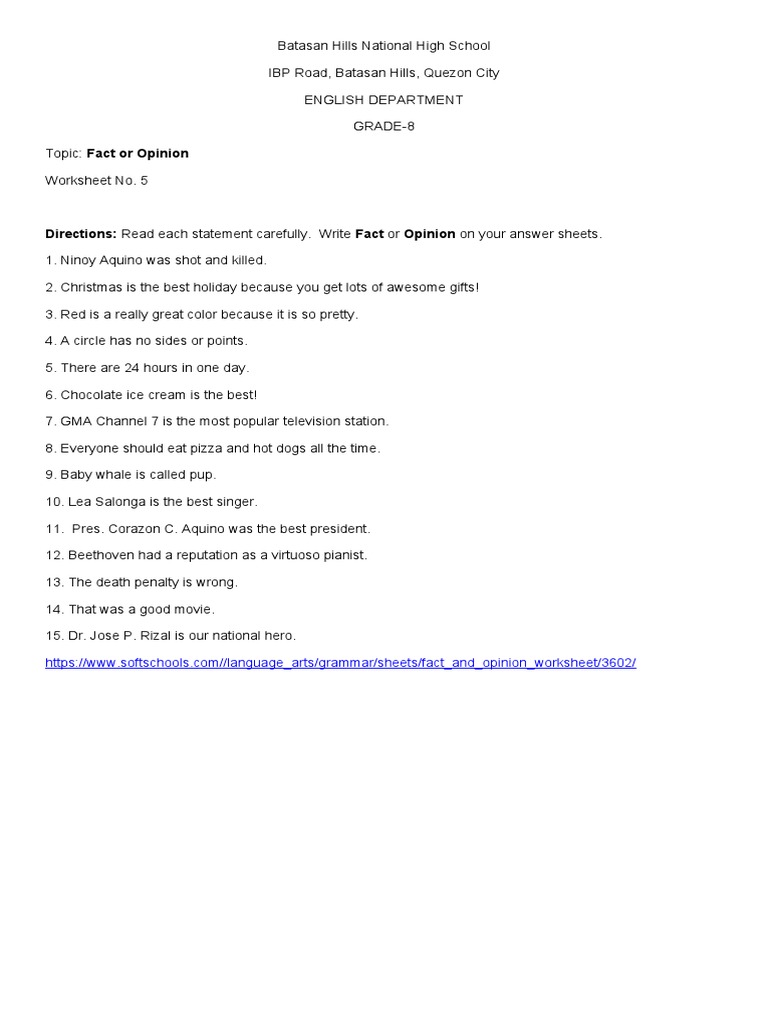 Grade 8 Worksheet No. 5 Fact and Opinion | PDF
