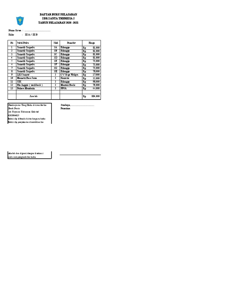 Daftar Buku 2020 Kelas 3 | PDF