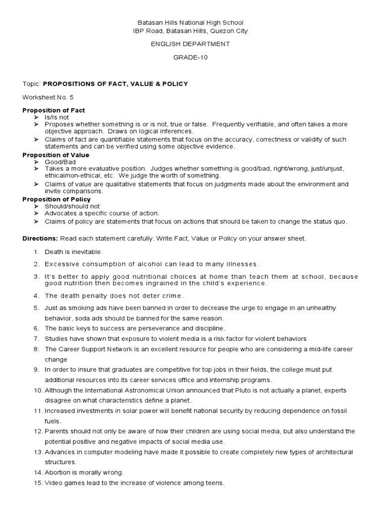 Grade 10 Worksheet No. 5 Fact Value and Policy | PDF | Violence ...