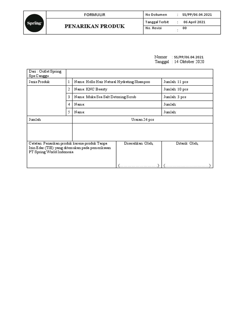 Form Penarikan Produk | PDF