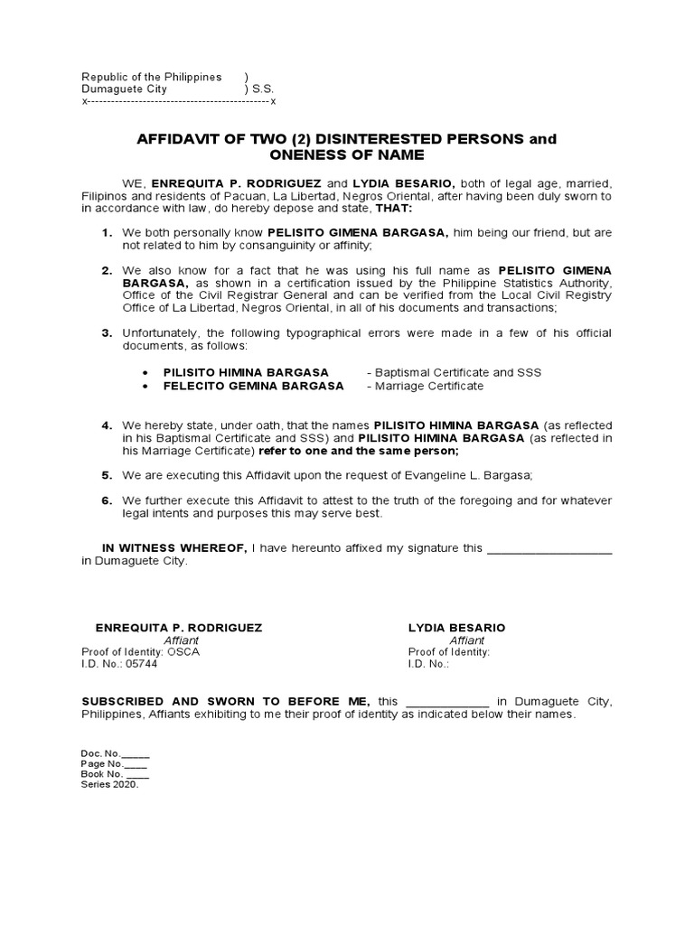 Joint Affidavit of Two Disinterested Persons and Oneness of Name ...