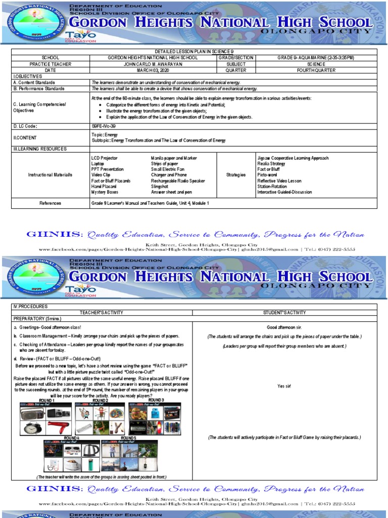 Detailed Lesson Plan on Energy Transformation | PDF | Energy Storage ...
