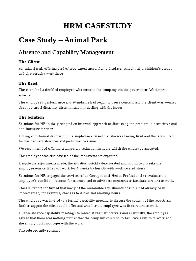 HRM Casestudy Case Study - Animal Park: Absence and Capability ...