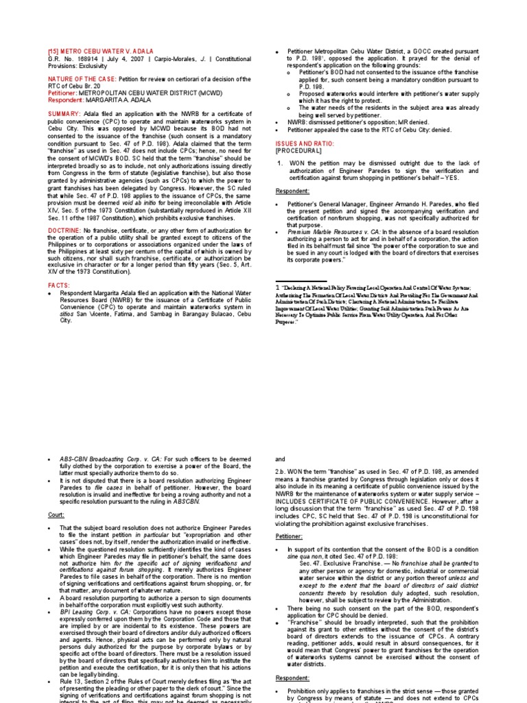 MCWD vs. Adala: Water Supply Franchise Case | PDF | Board Of Directors ...