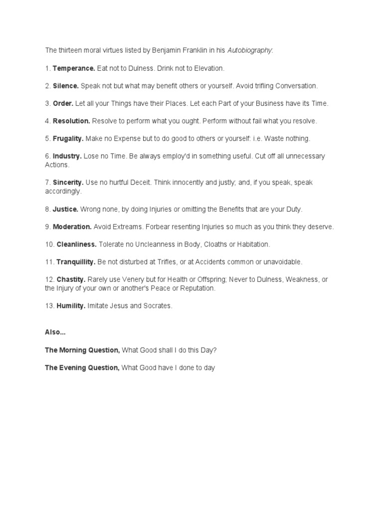 The Thirteen Moral Virtues Listed by Benjamin Franklin in His | PDF ...