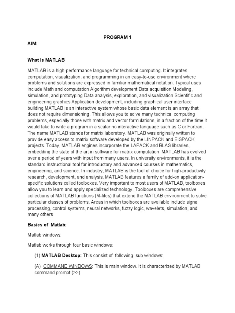 Program 1 Aim | PDF | Matlab | Matrix (Mathematics)