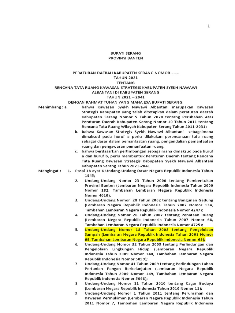 Raperda Kabupateng Serang Tentang RTR KSK SYEKH NAWAWI ALBANTANI Tahun 2021 - 2042 | PDF