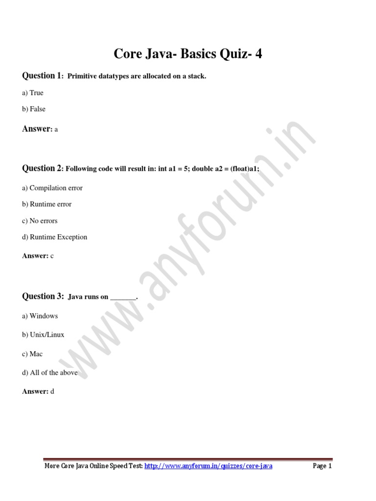 Core Java-Basics Quiz - 4:: Primitive Datatypes Are Allocated On A ...