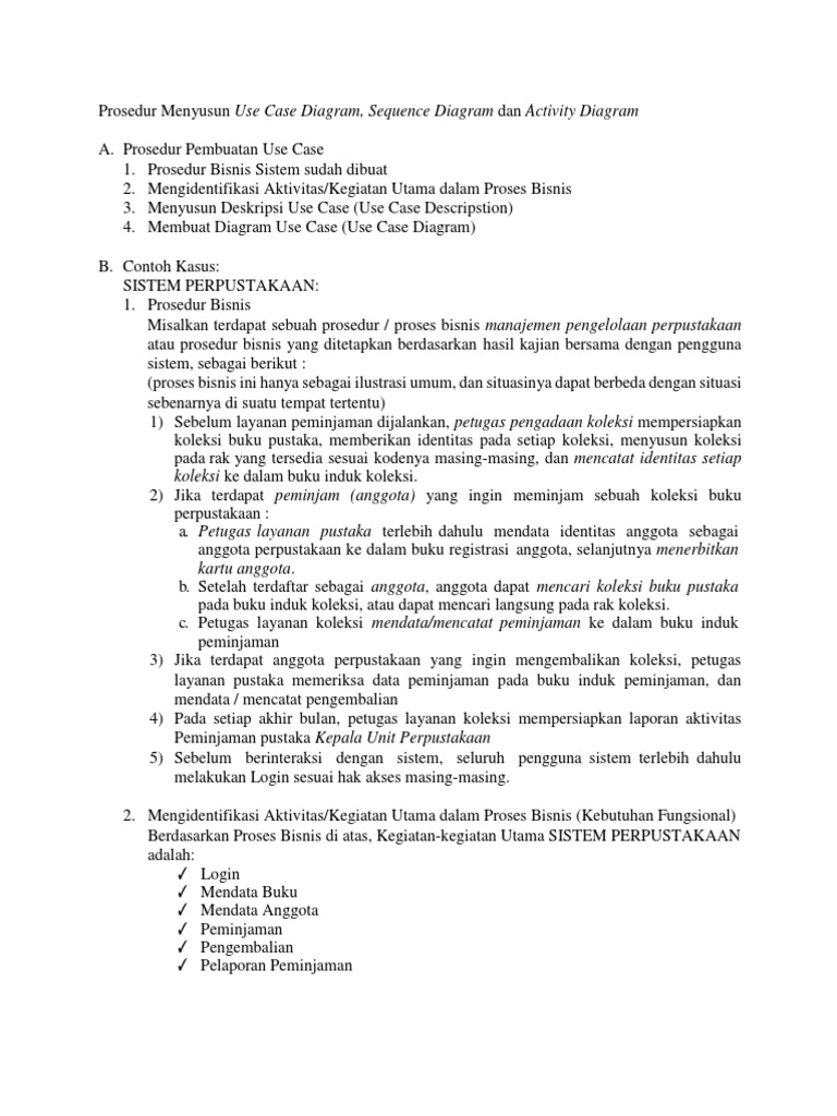 Contoh Penggambaran UML (Use Case-Sequence - Activity) Sistem Perpustakaan | PDF