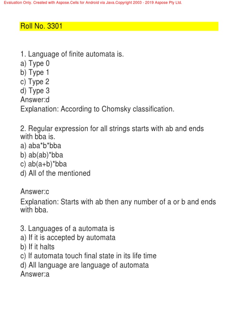 Toc Unit 1 MCQS 2019-20 | PDF | Models Of Computation | Formal Methods