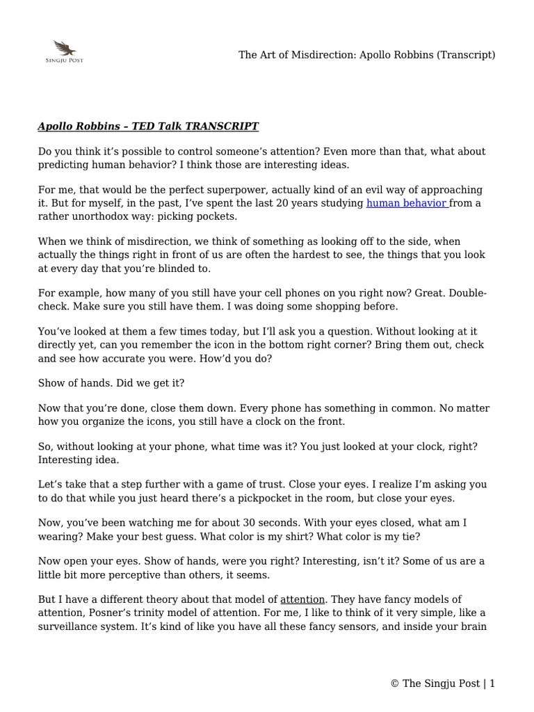 Apollo Robbins - TED Talk TRANSCRIPT: Human Behavior | PDF | Attention ...