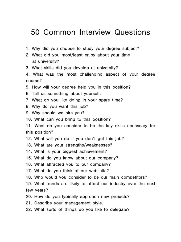 50 Common Interview Questions | Download Free PDF | Human Nature | Business