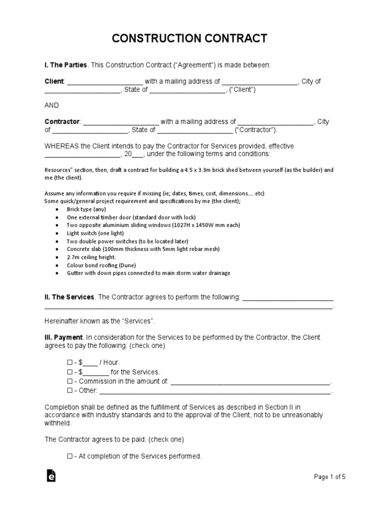Construction Contract for Brick Shed | PDF | Liability Insurance ...