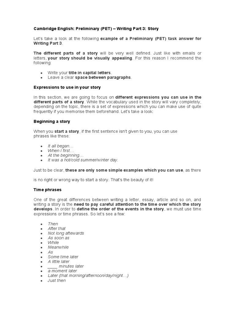 Cambridge English: Preliminary (PET) - Writing Part 3: Story | PDF ...
