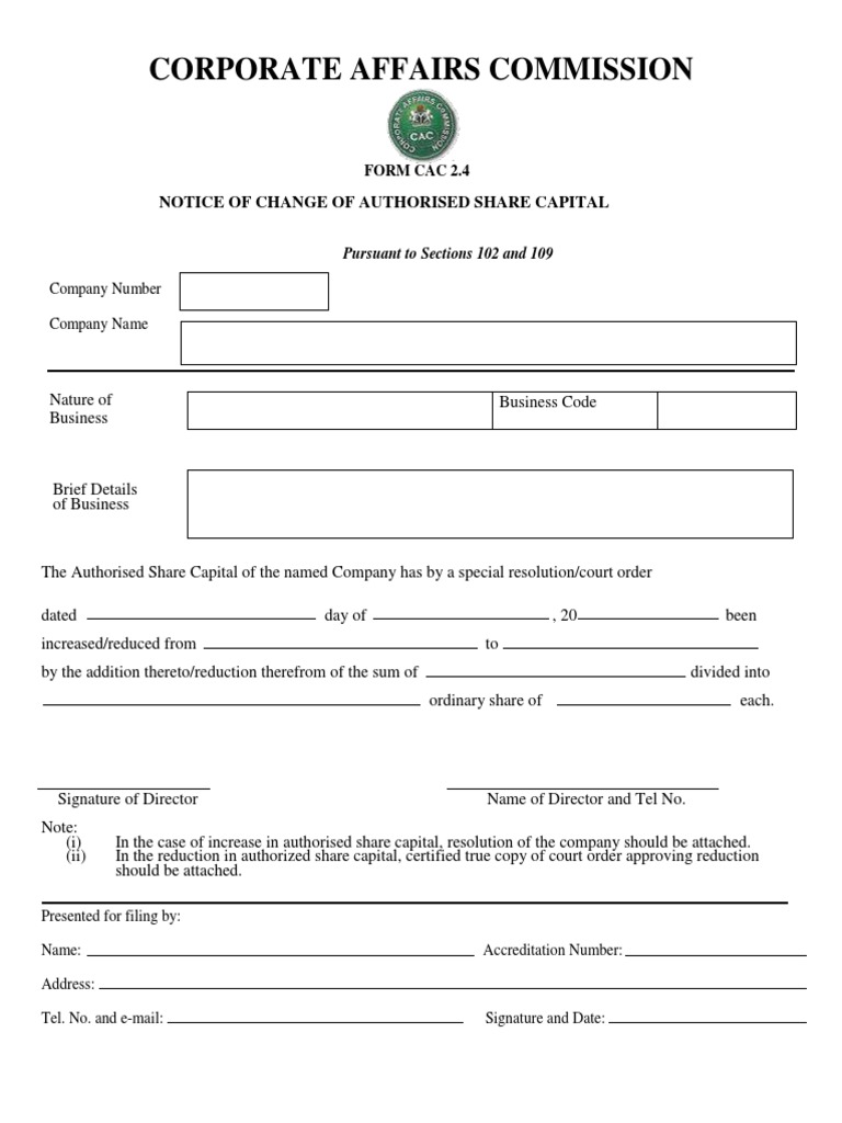 Notice of Change of Authorized Share Capital Form CAC 24 | PDF