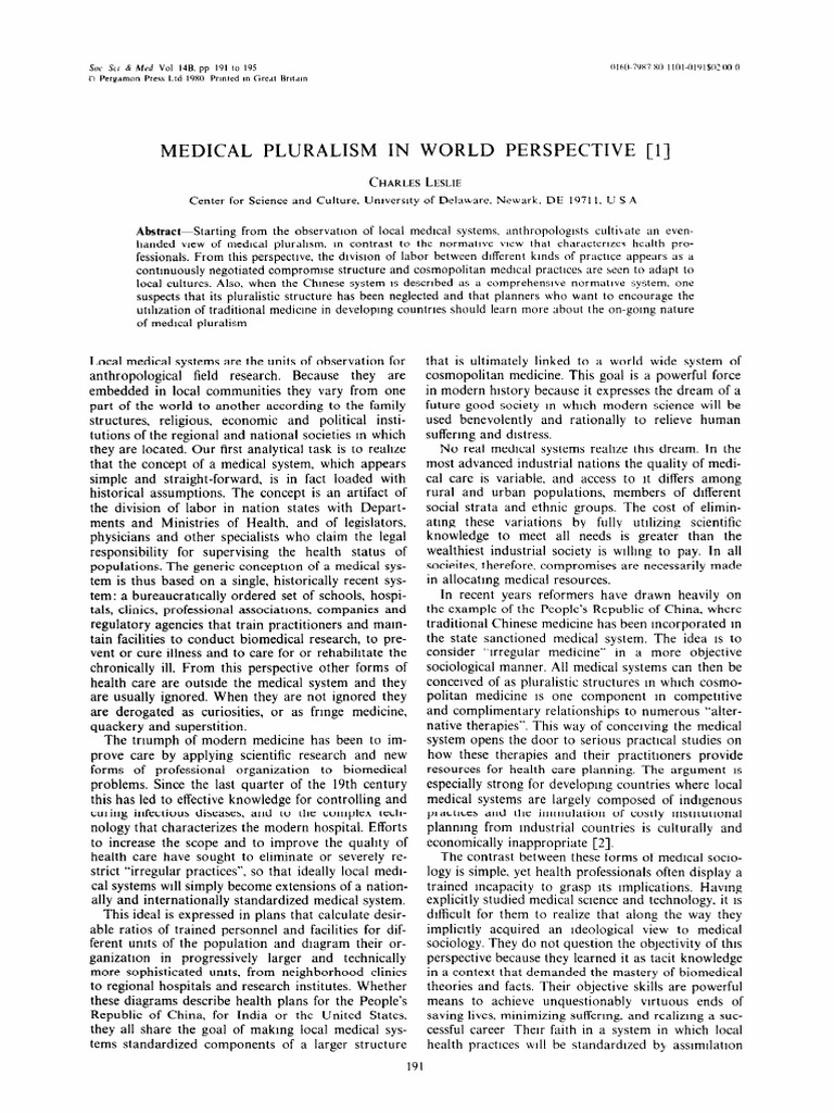 Medical Pluralism in World Perspective (L) : Pergamon Press LFD 1980 ...