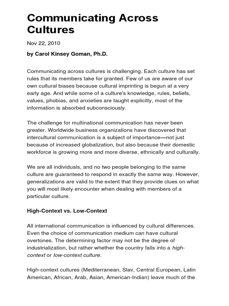 Communicating Across Cultures: by Carol Kinsey Goman, PH.D | PDF ...