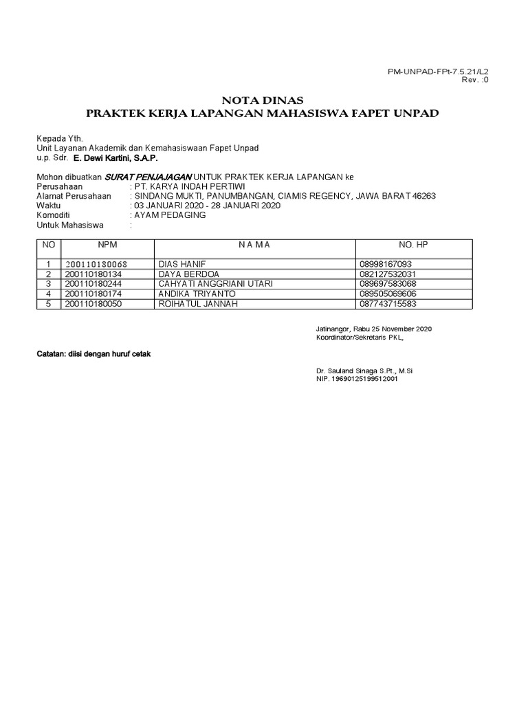 Form Nota Dinas Penjajagan Fasilitas PKL (Revisi Dias Hanif) | PDF