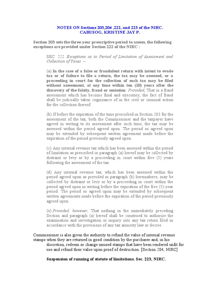 NIRC Sections 203, 204, 222, and 223 Overview | PDF | Internal Revenue ...