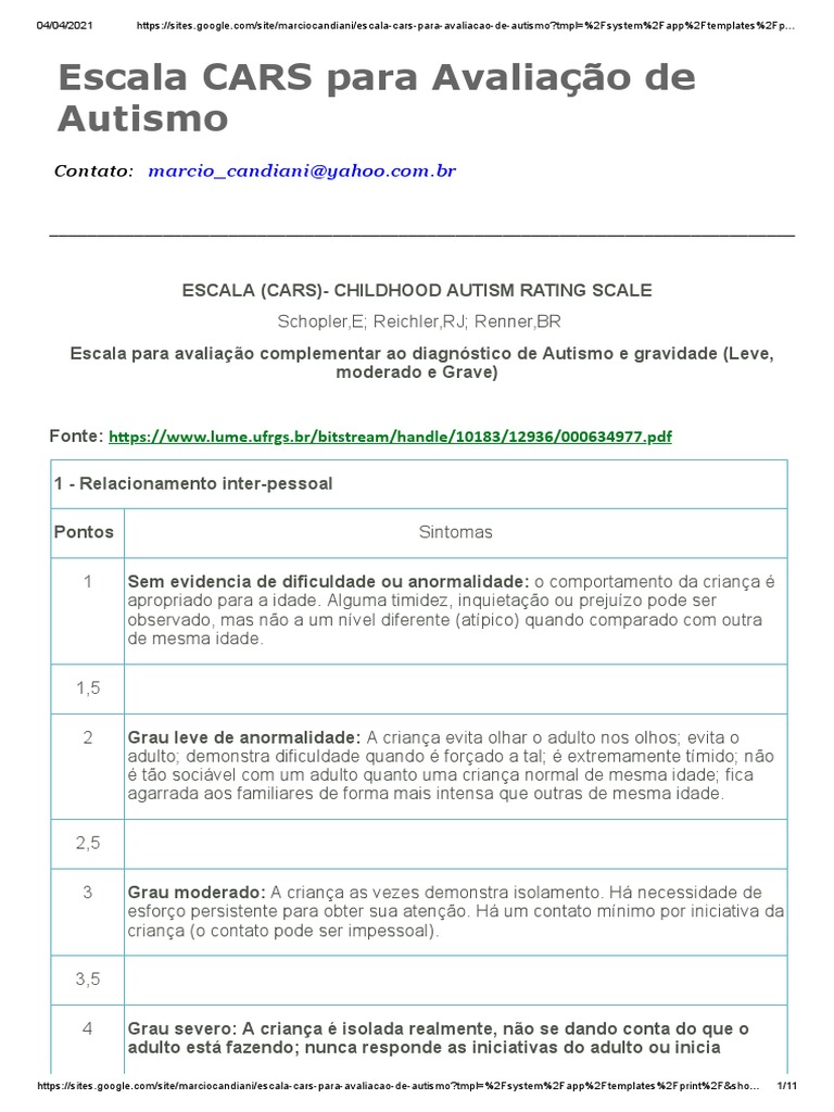 Escala Cars para Avaliacao de Autismo | PDF | Autismo | Comunicação não ...