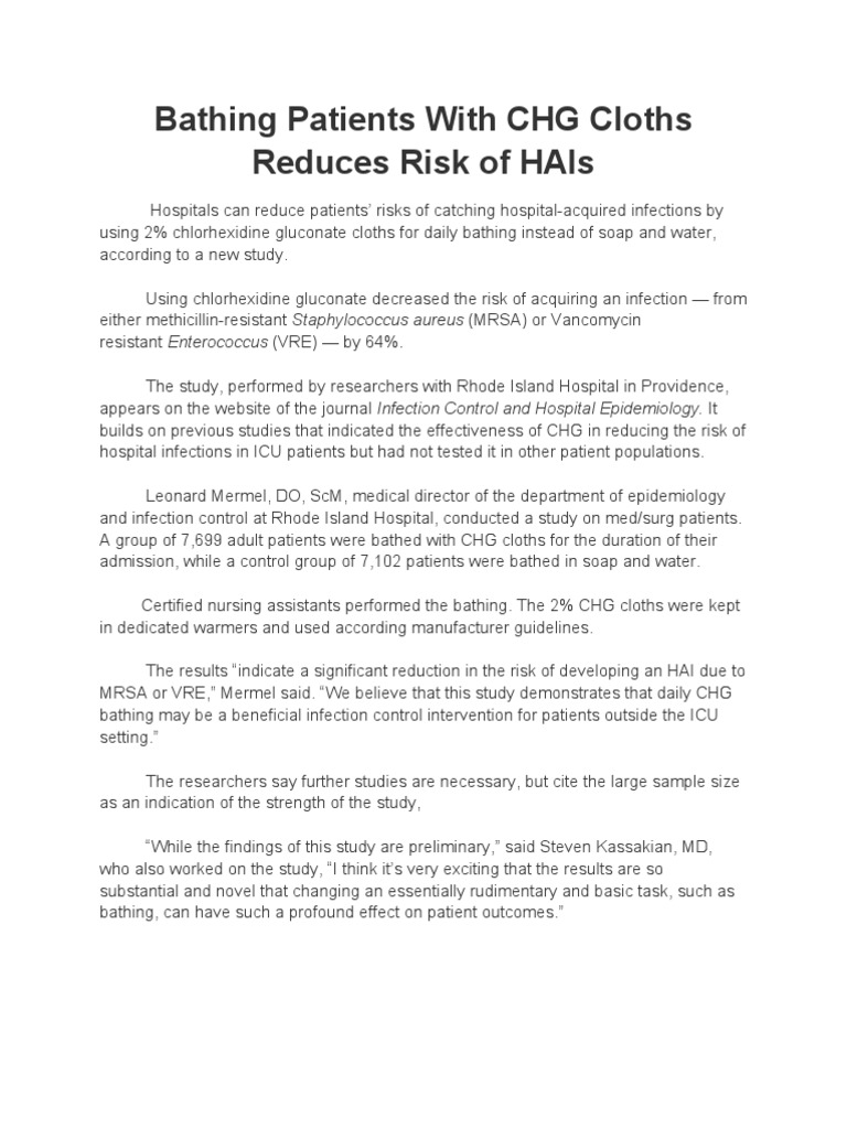 Bathing Patients With CHG Cloths Reduces Risk of HAIs - 2003 | PDF ...