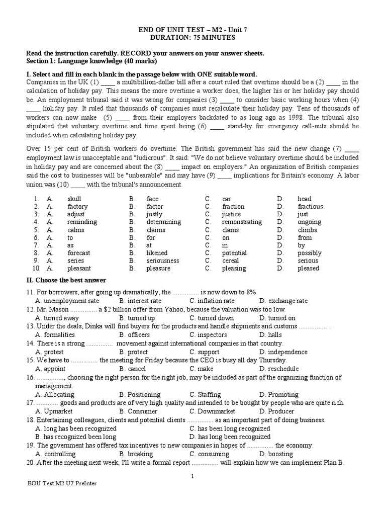 End of Unit Test – M2 - Unit 7: Analysis of Test Questions Covering ...
