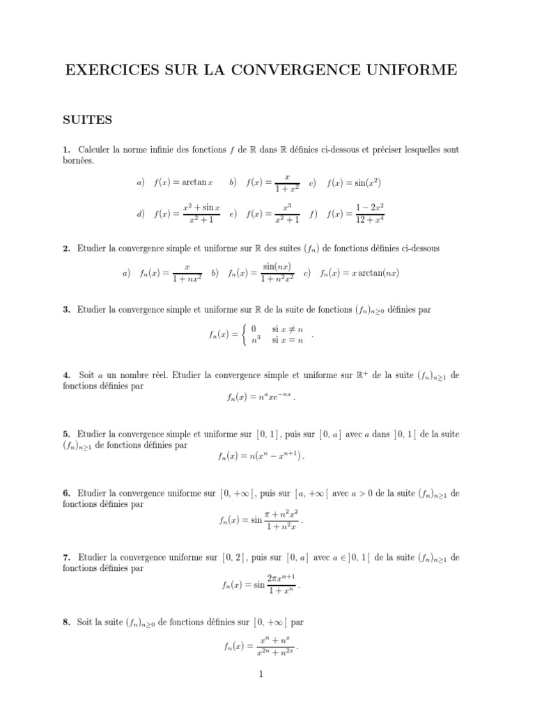 Exercices sur la convergence uniforme | PDF | Limite (mathématiques ...