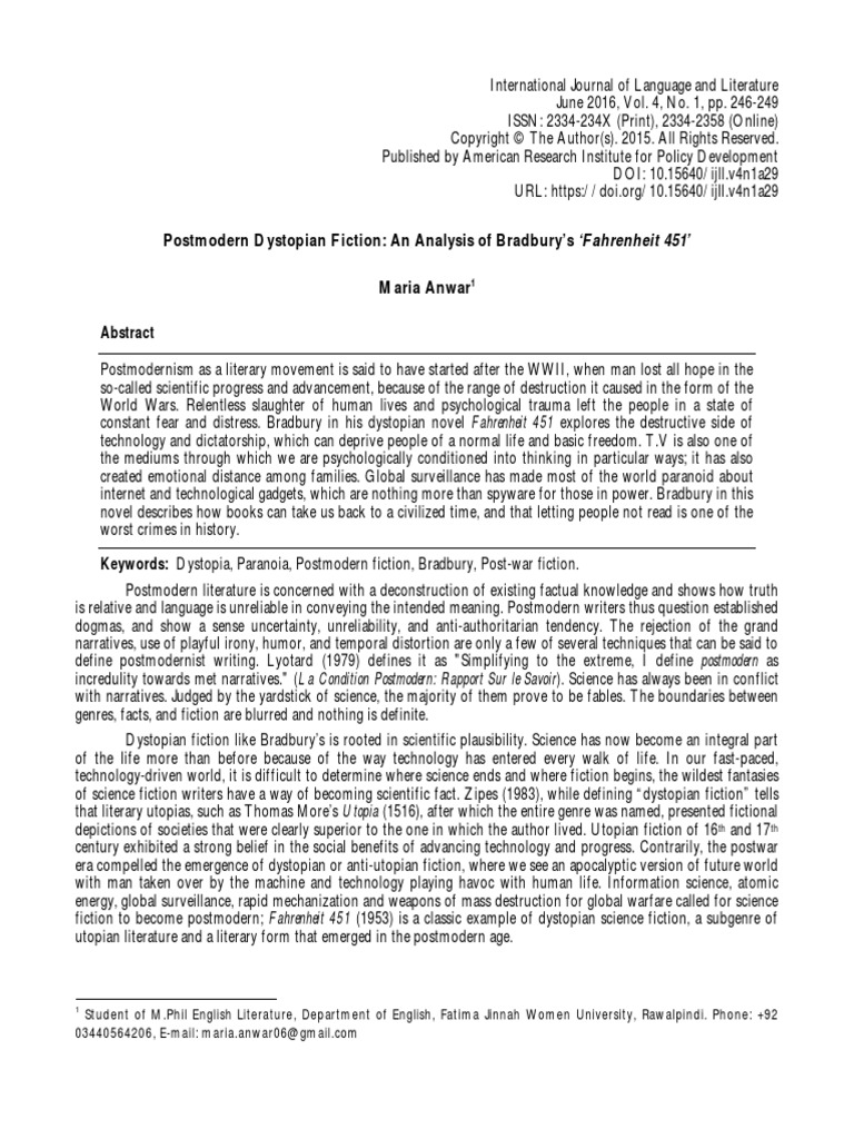 Postmodern Dystopian Fiction: An Analysis of Bradbury's Fahrenheit 451 ...
