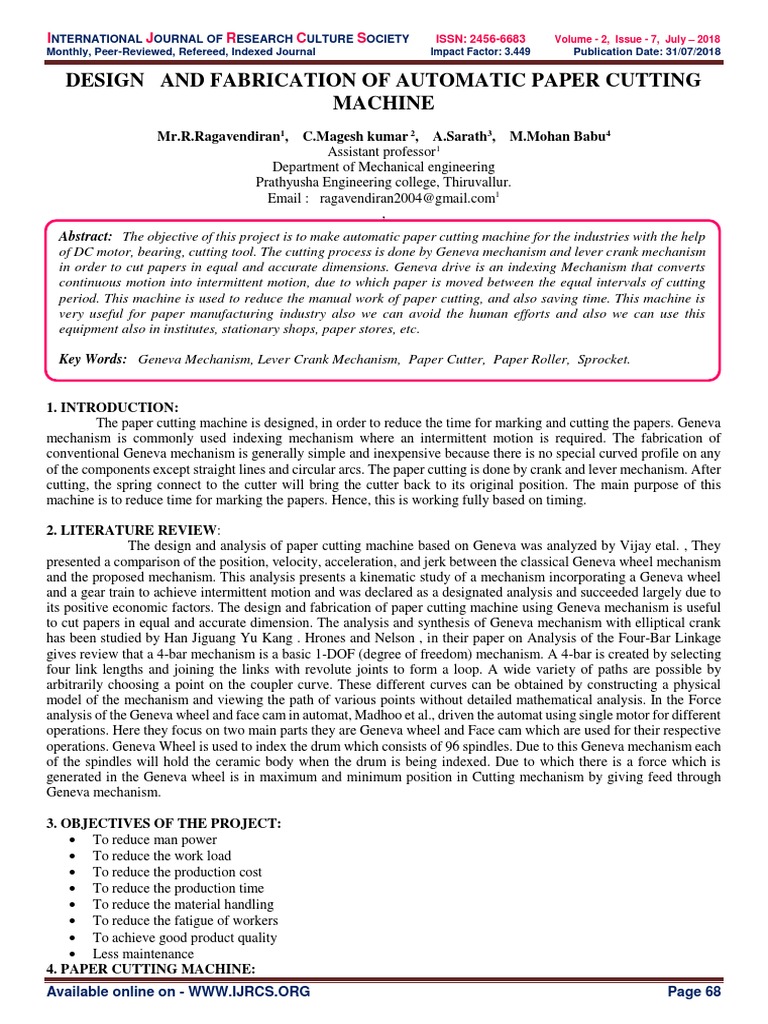 Design and Fabrication of Automatic Paper Cutting Machine | PDF ...
