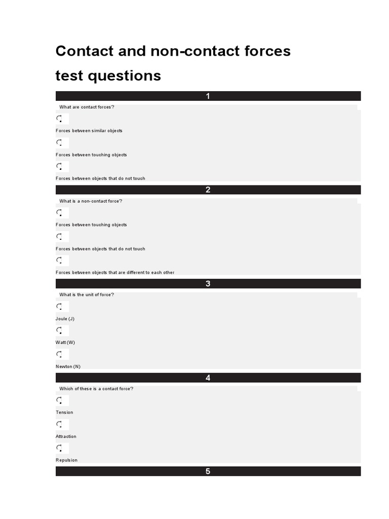 Contact and Non-Contact Forces Test Questions | PDF | Force | Mass