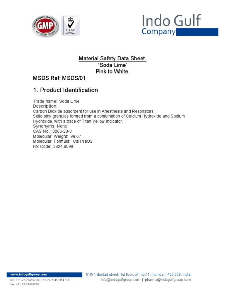 Product Identification: Material Safety Data Sheet. Soda Lime' Pink To ...