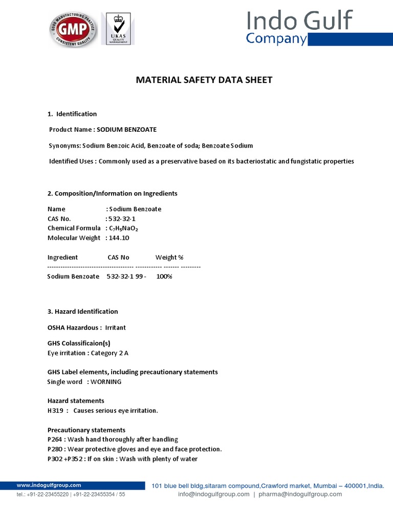 Sodium Benzoate MSDS | PDF | Toxicity | Waste Management