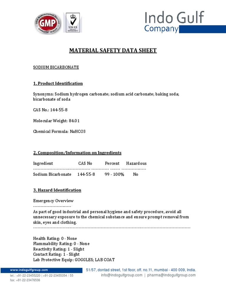 Sodium Bicarbonate MSDS | PDF | Sodium Bicarbonate | Personal ...