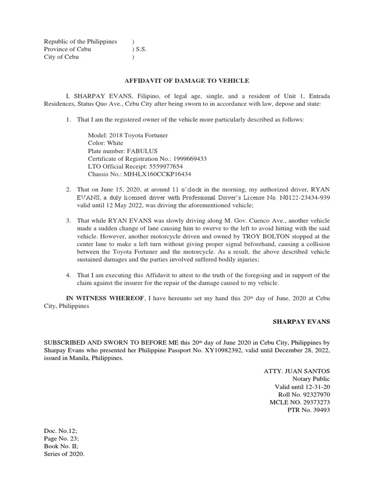 Affidavit of Damage Vehicle | PDF | Land Vehicles | Land Transport