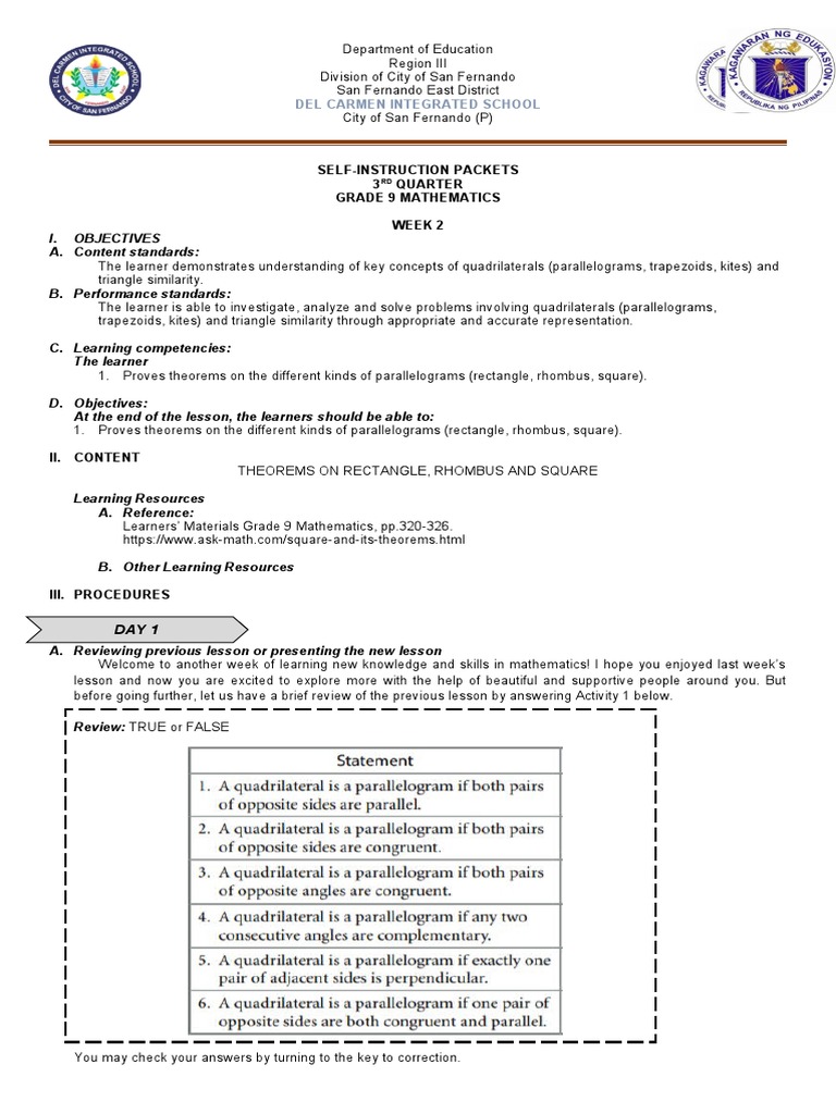 Self-Instruction Packets 3 Quarter Grade 9 Mathematics Week 2 | PDF | Rectangle | Perpendicular