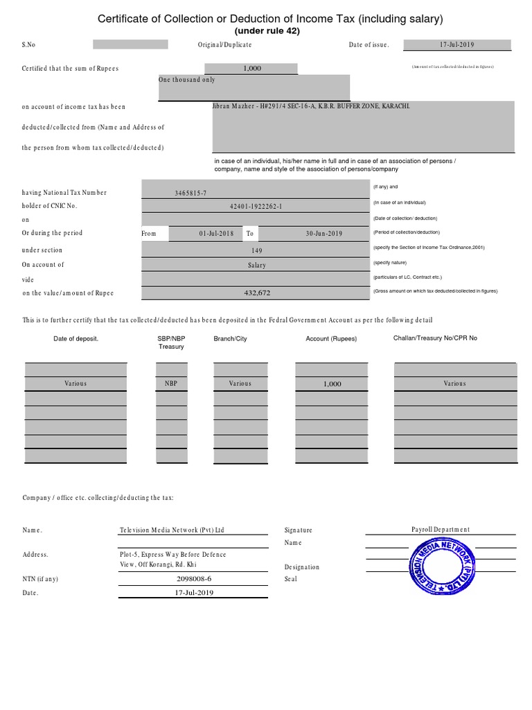 Certificate of Collection or Deduction of Income Tax (Including Salary ...