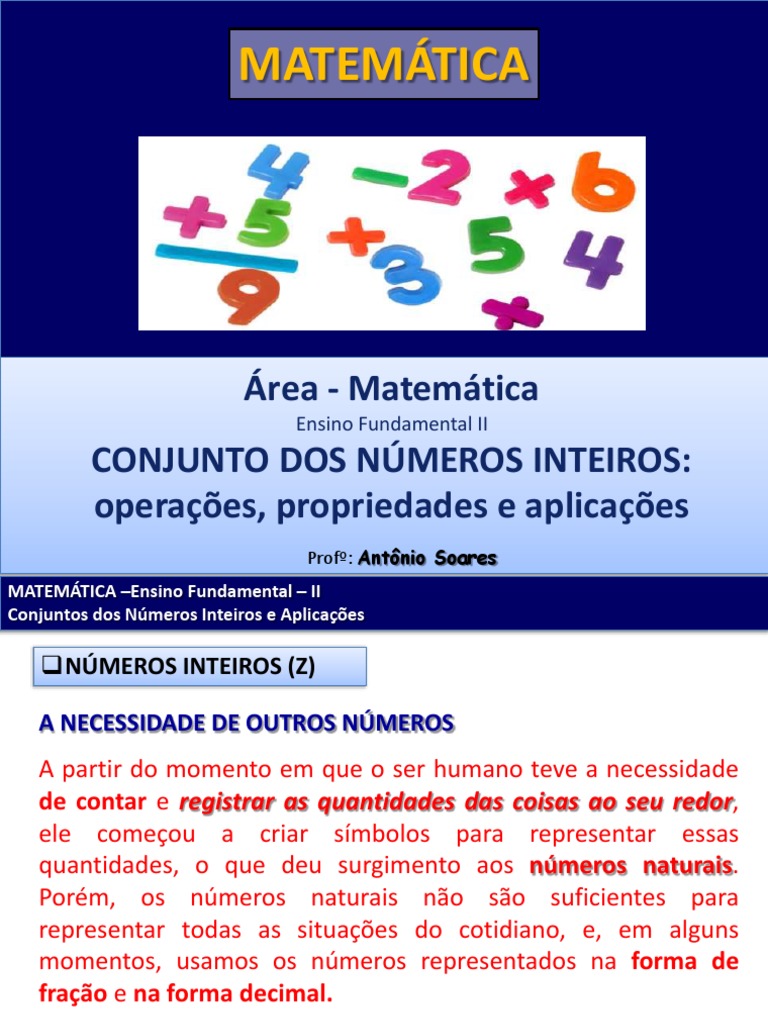 Matemática: Área - Matemática Conjunto Dos Números Inteiros: Operações ...
