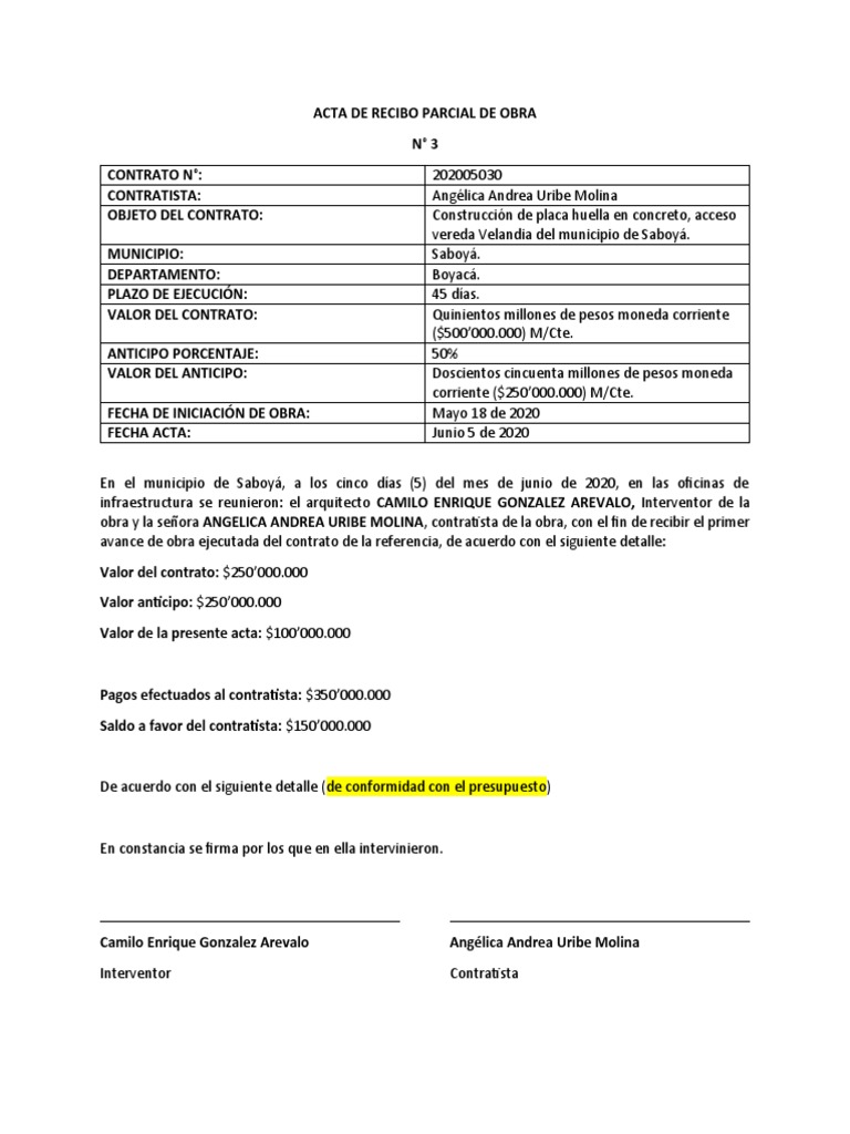 Acta de Recibo Parcial de Obra | PDF