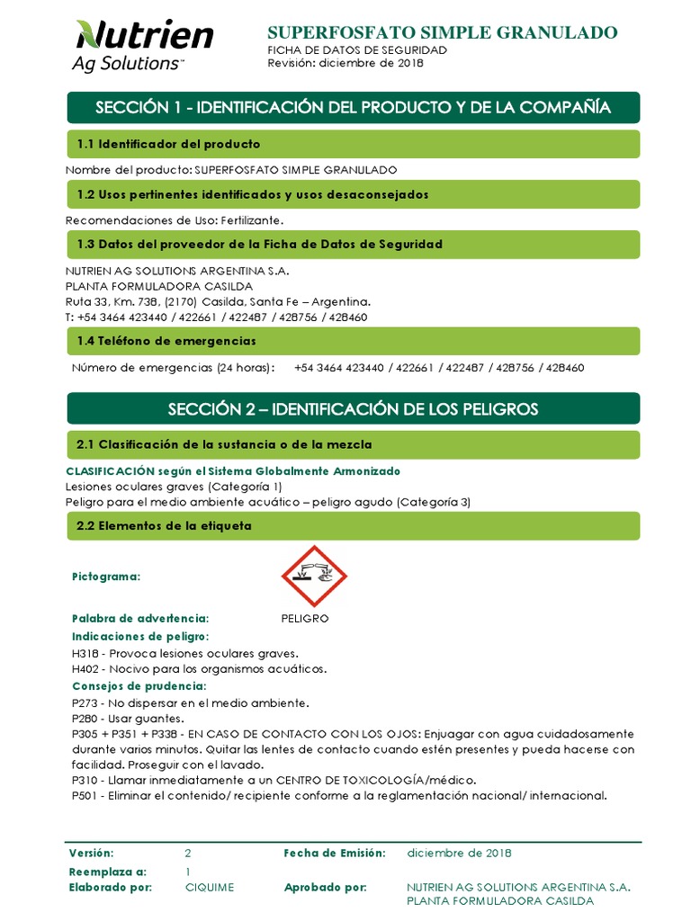 FDS - Superfosfato Simple Granulado | PDF | Combustión | Agua