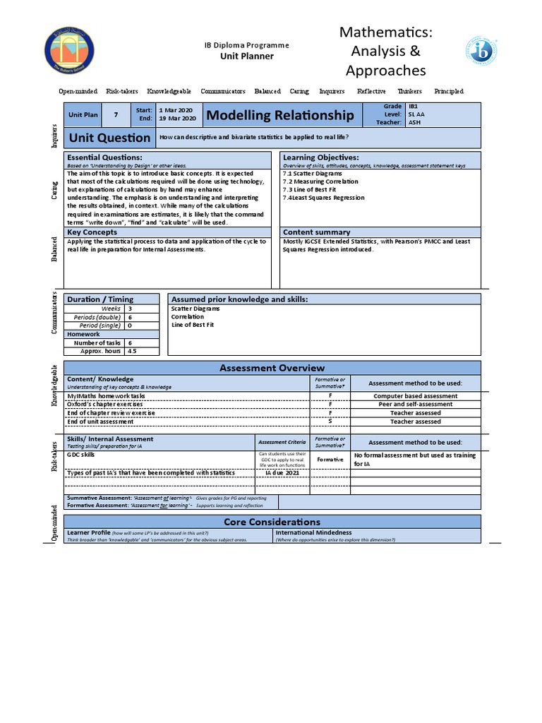IB Mathematics Unit Plan: Statistics Analysis | PDF
