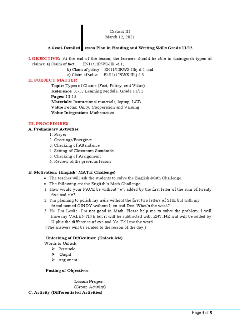 Final LESSON PLAN For SHS | PDF | Lesson Plan | Evidence