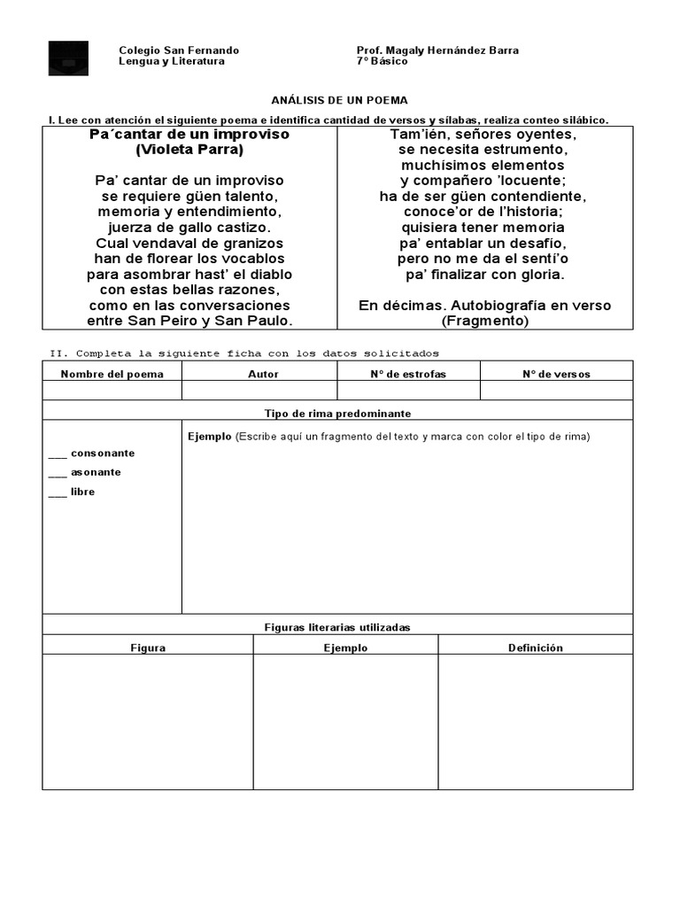 Análisis de Un Poema 7° | PDF | Artes del Lenguaje y Comunicación ...