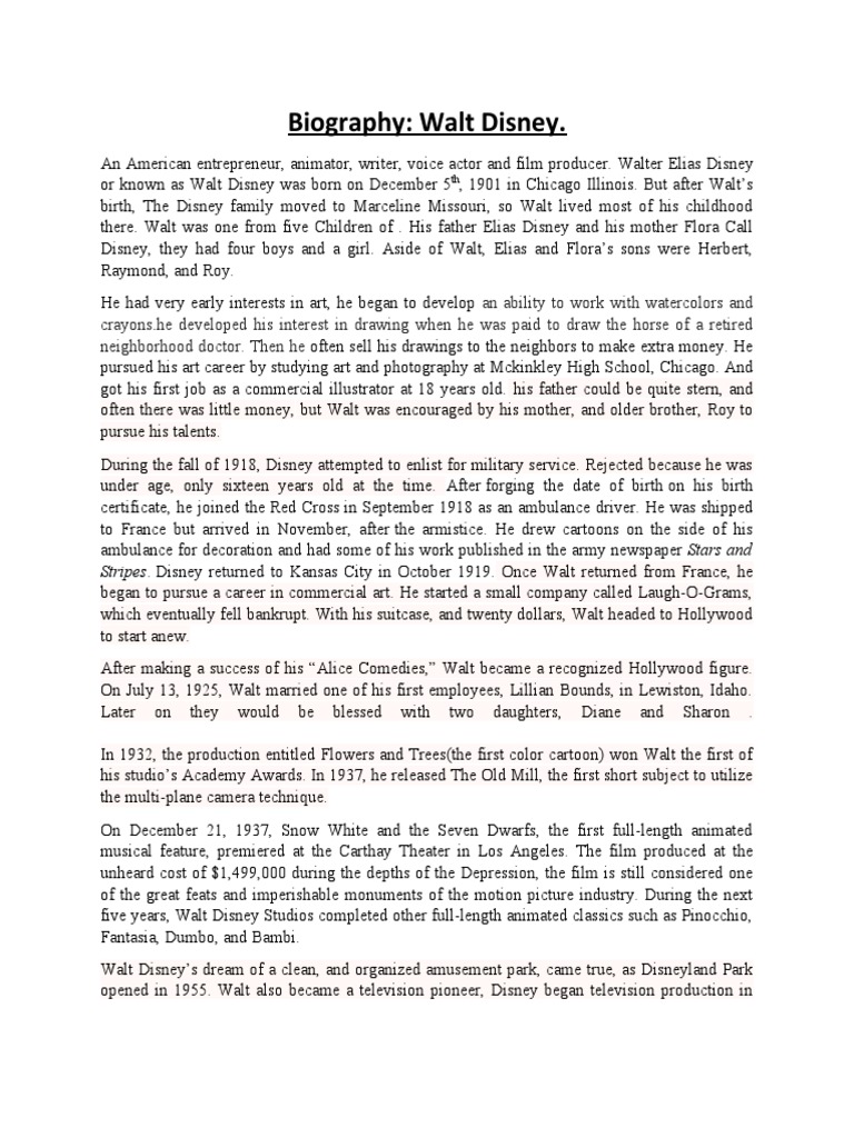 Biography Walt Disney. | PDF | Walt Disney | Cartoon