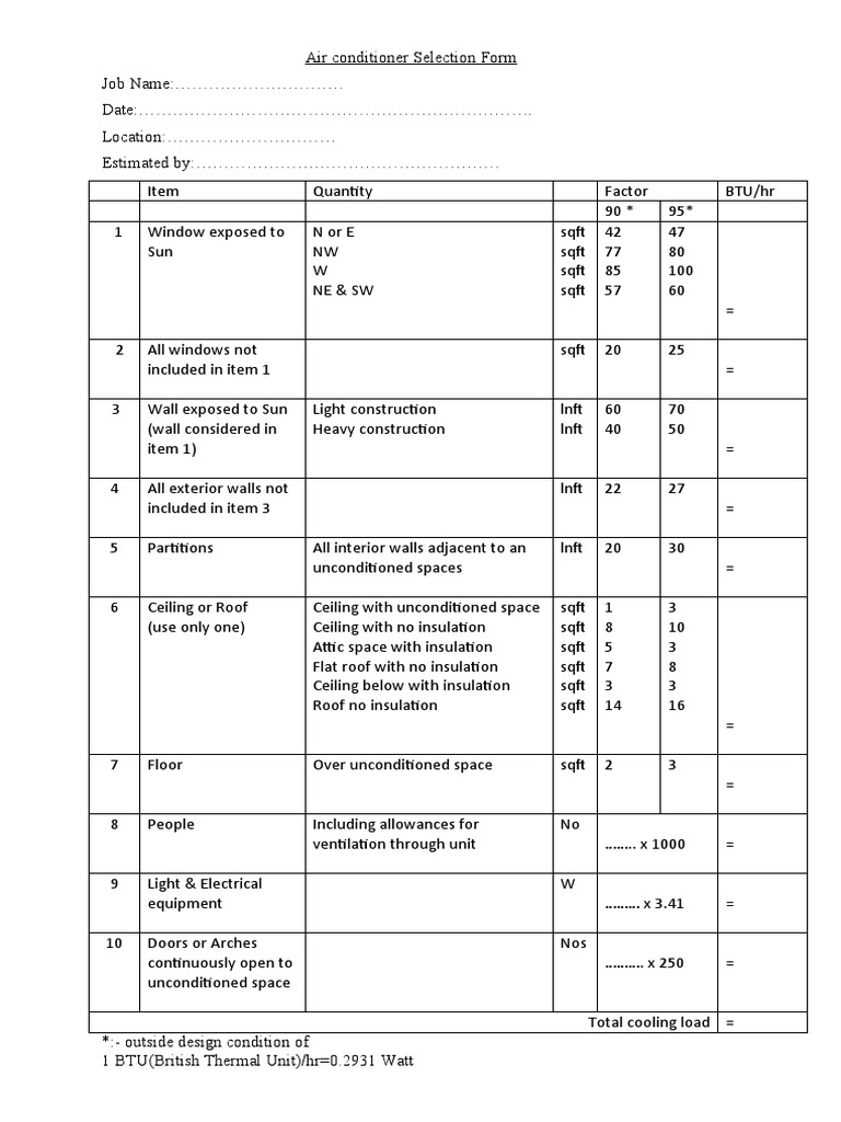 Air Conditioner Selection Form | PDF | Building Insulation | Roof