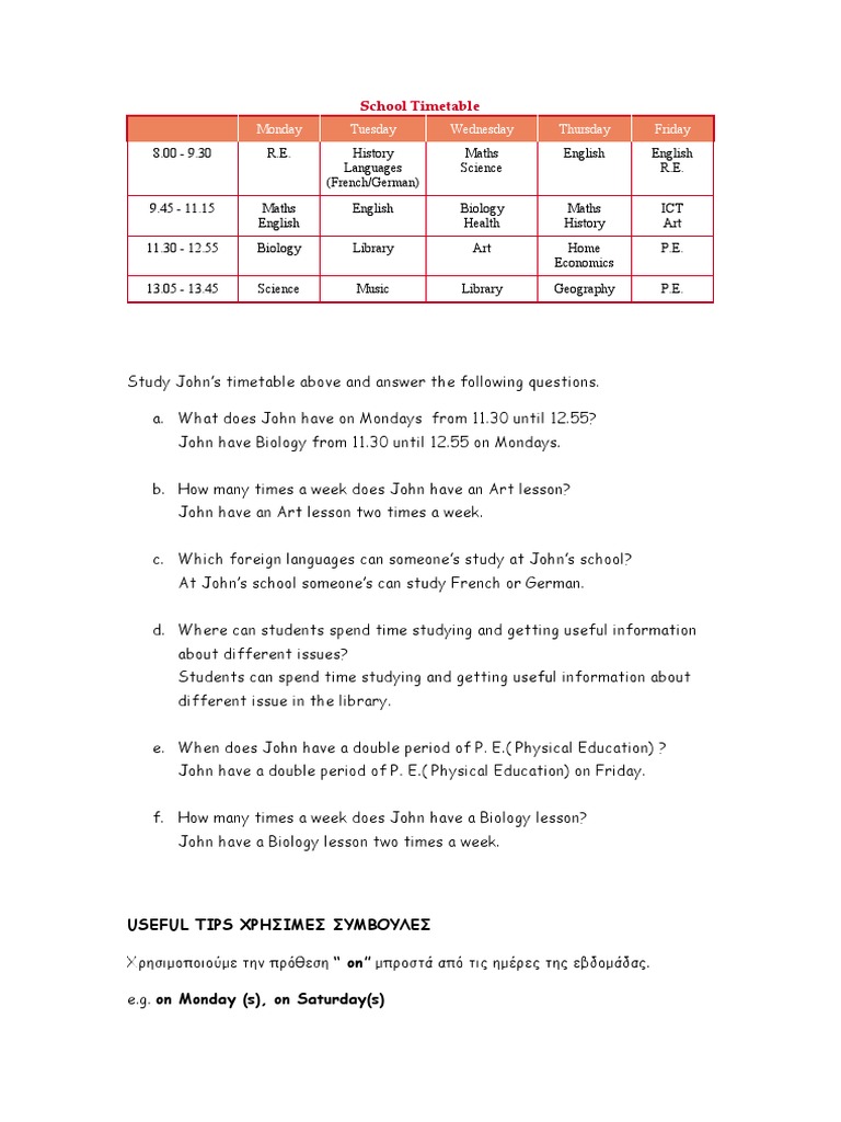 Monday Tuesday Wednesday Thursday Friday: School Timetable | PDF