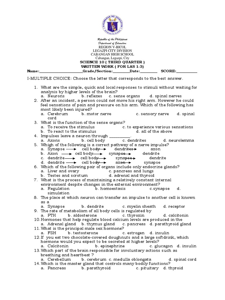 Science 10: Third Quarter Assessment | PDF | Stimulus (Physiology) | Neuron